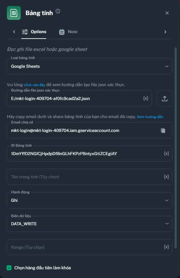 Node Bảng tính | MKT Login Docs